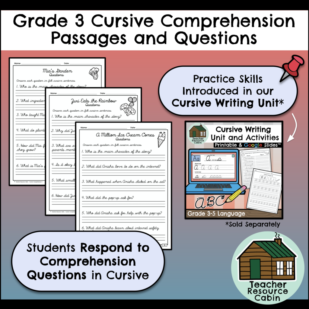 Grade 3 Cursive Comprehension Passages and Questions - Teacher Resource ...