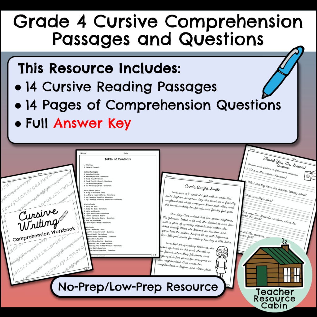Grade 4 Cursive Comprehension Passages and Questions - Teacher Resource ...