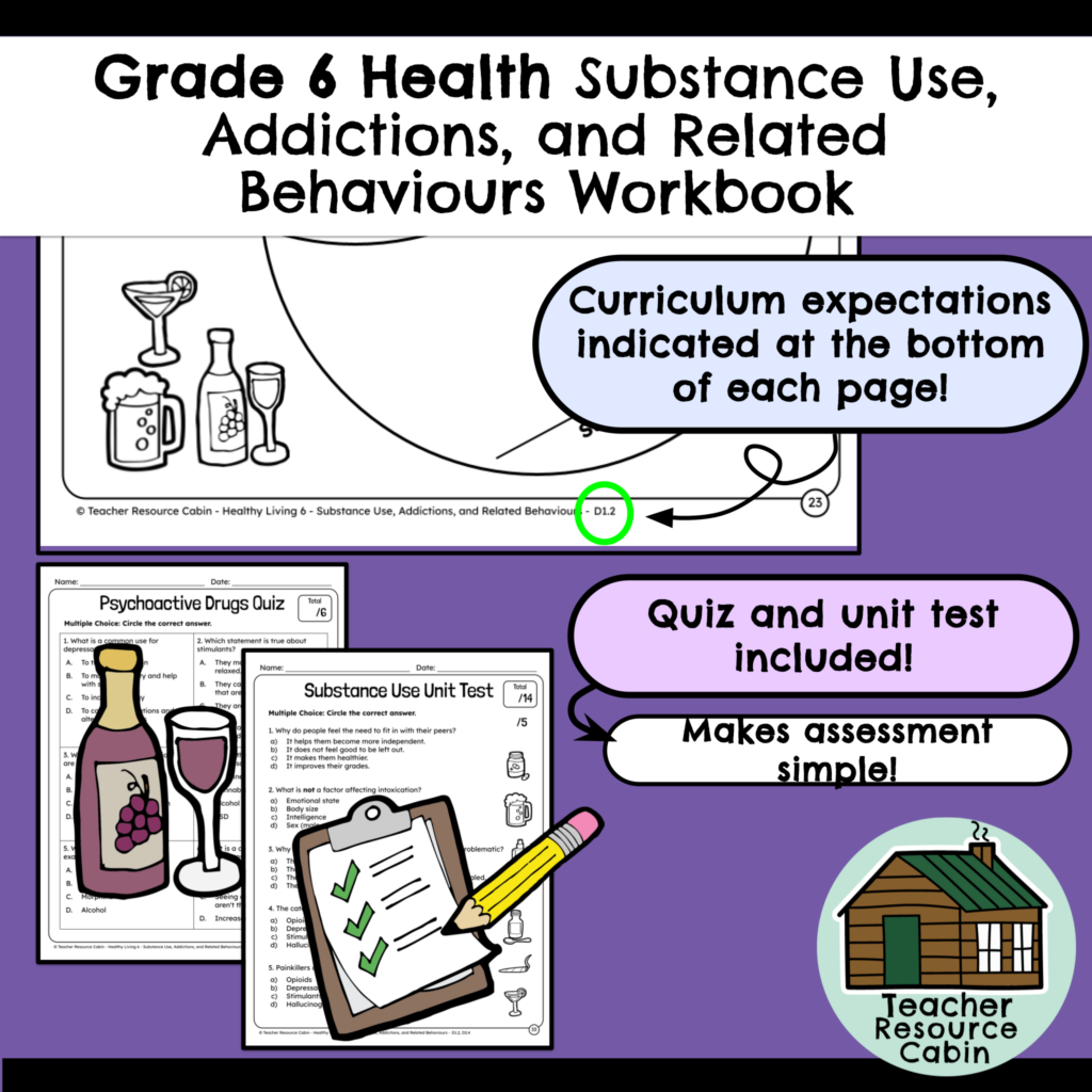 Substance Use, Addictions, and Related Behaviours Workbook (Grade 6 ...