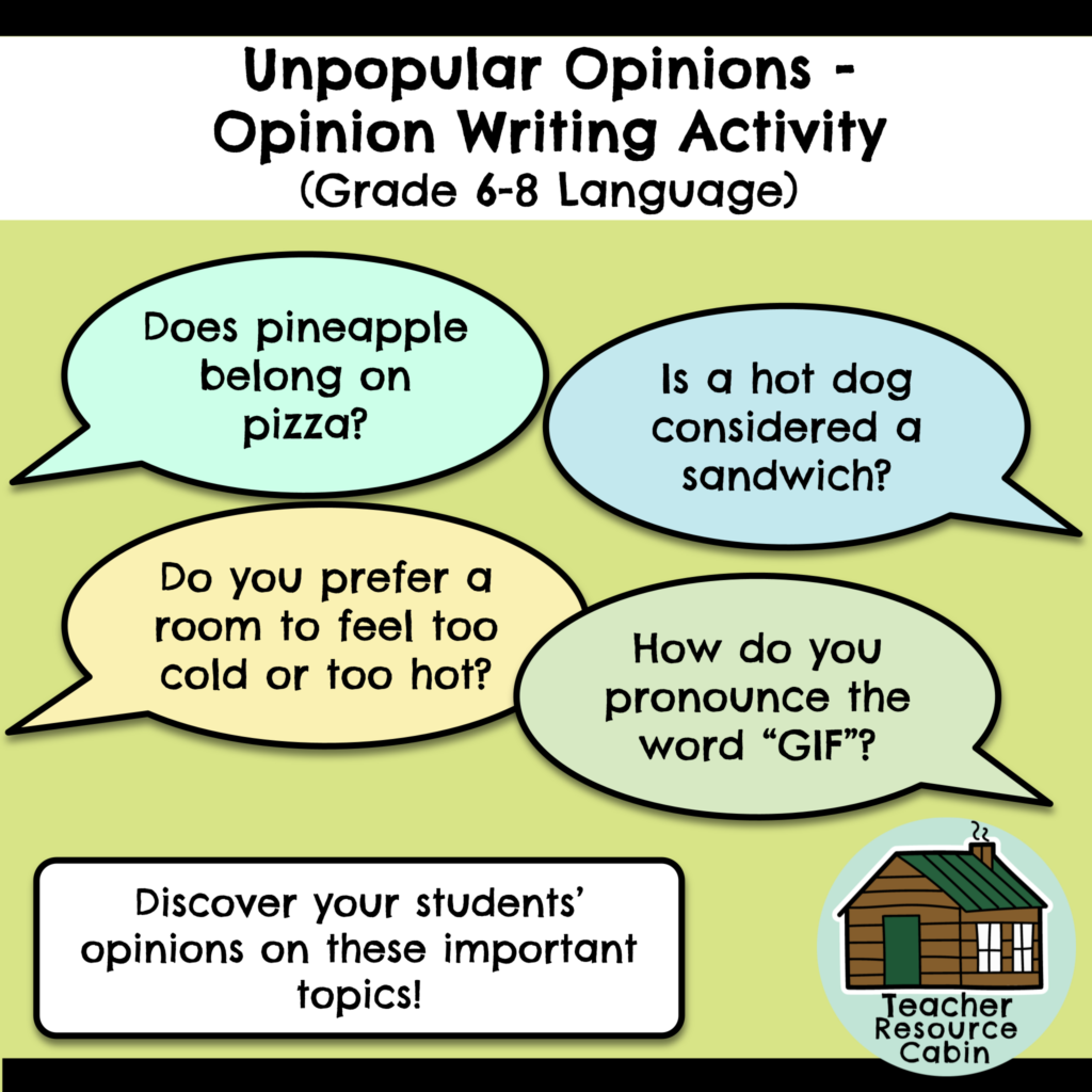 Unpopular Opinions - Opinion Writing Activity (Grade 6-8 Language ...