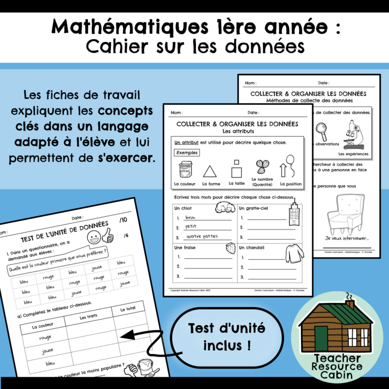 Grade 1 Données cahier (Ontario FRENCH Math Workbook) - Teacher ...
