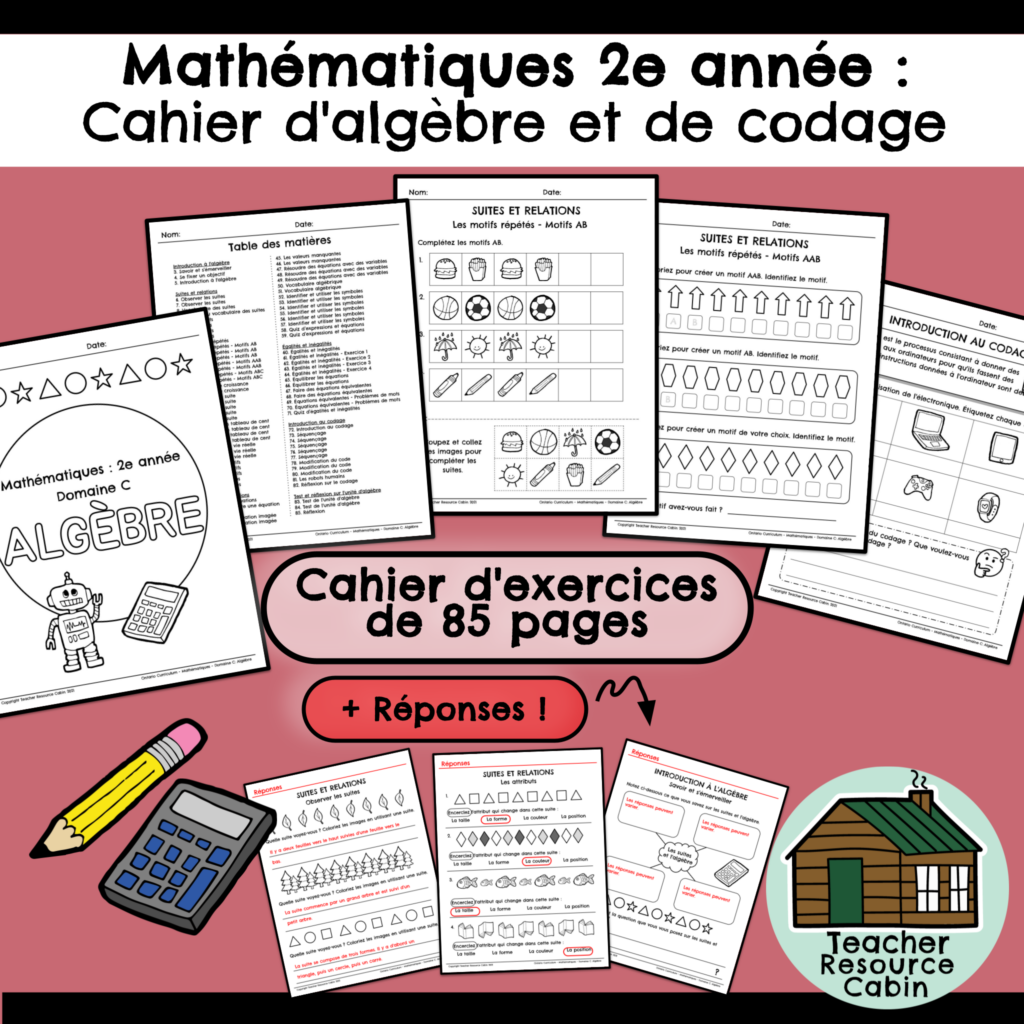 Grade 2 Algèbre et codage cahier (Ontario FRENCH Math Workbook ...