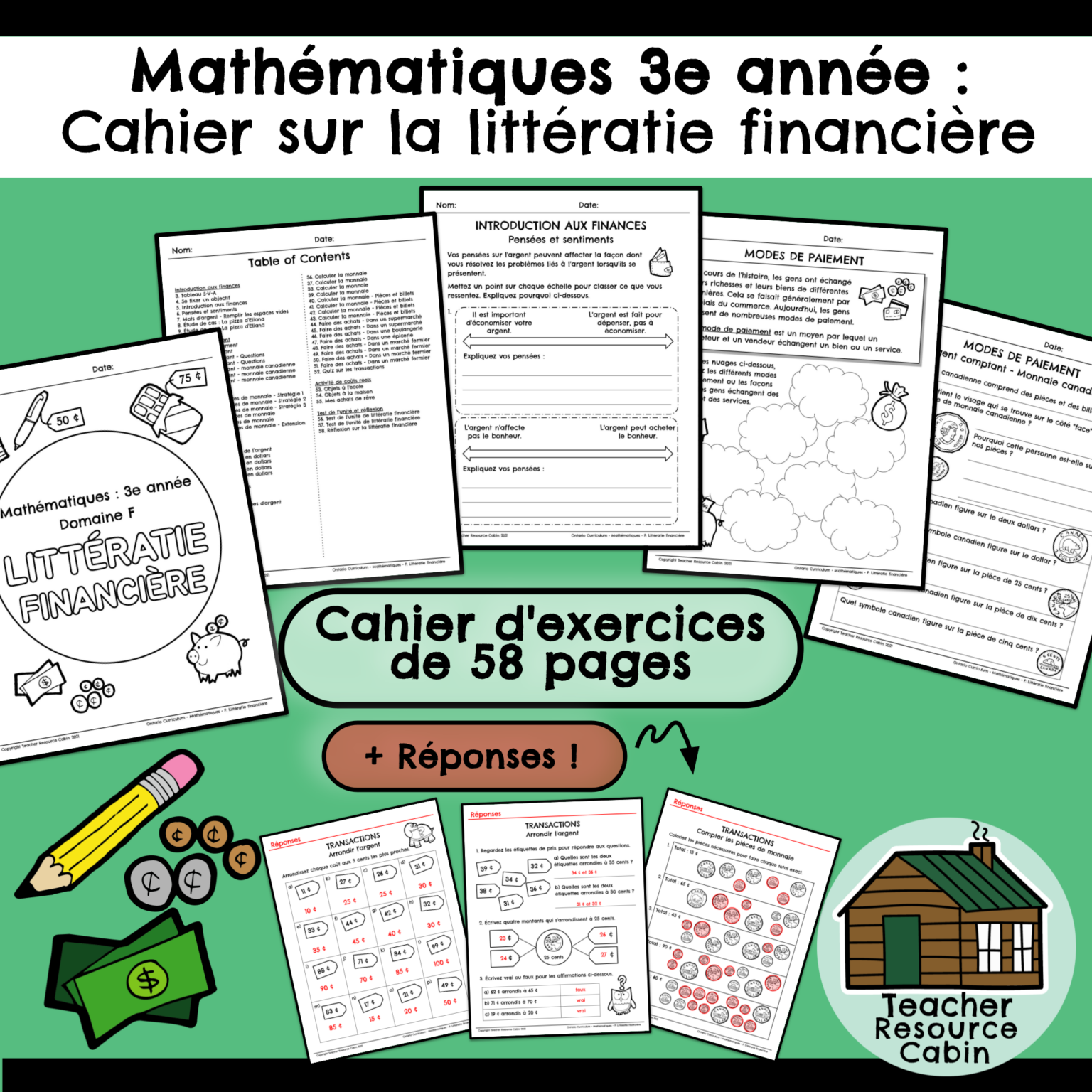 Grade 3 Littératie financière cahier (Ontario FRENCH Math Workbook ...