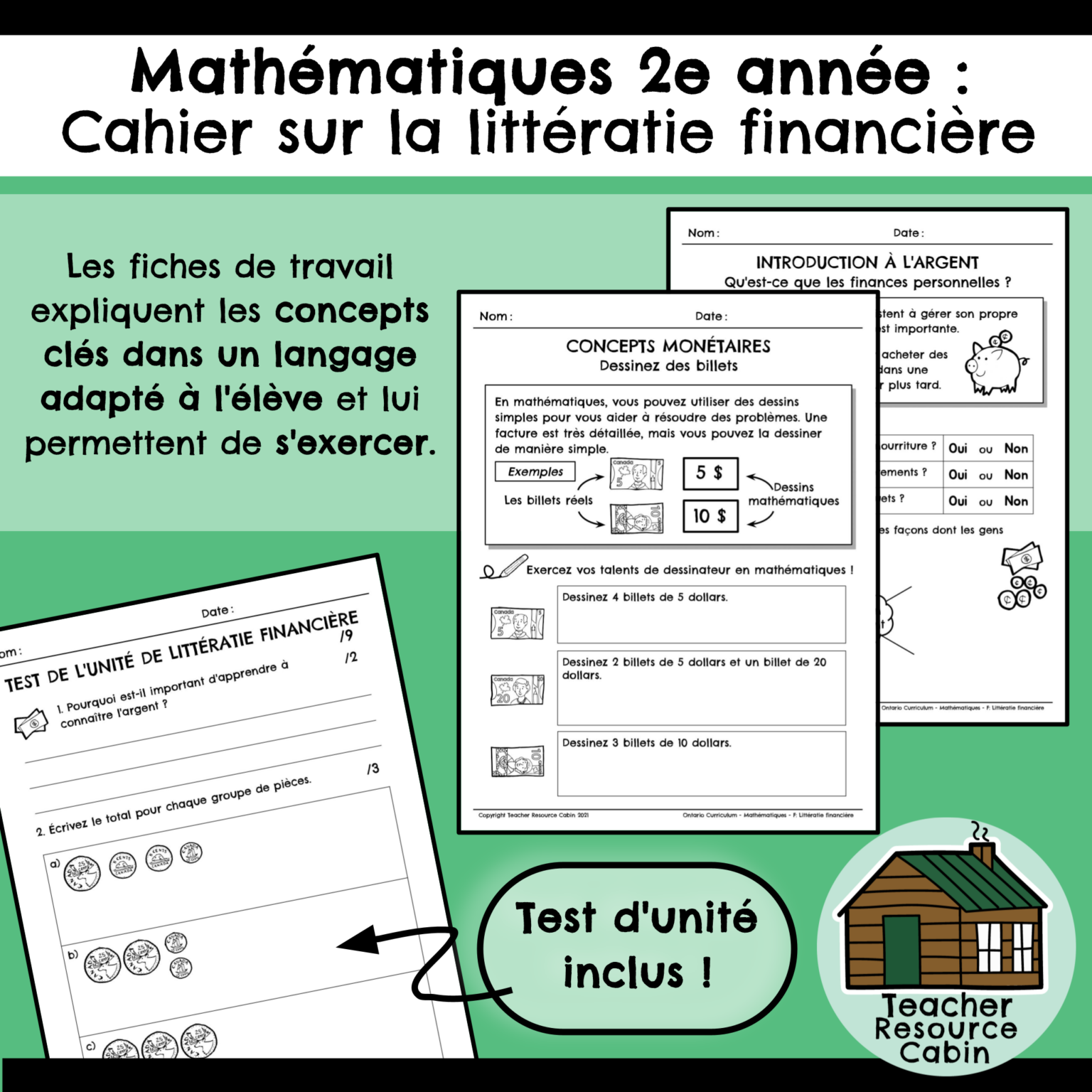 Grade 2 Littératie financière cahier (Ontario FRENCH Math Workbook ...