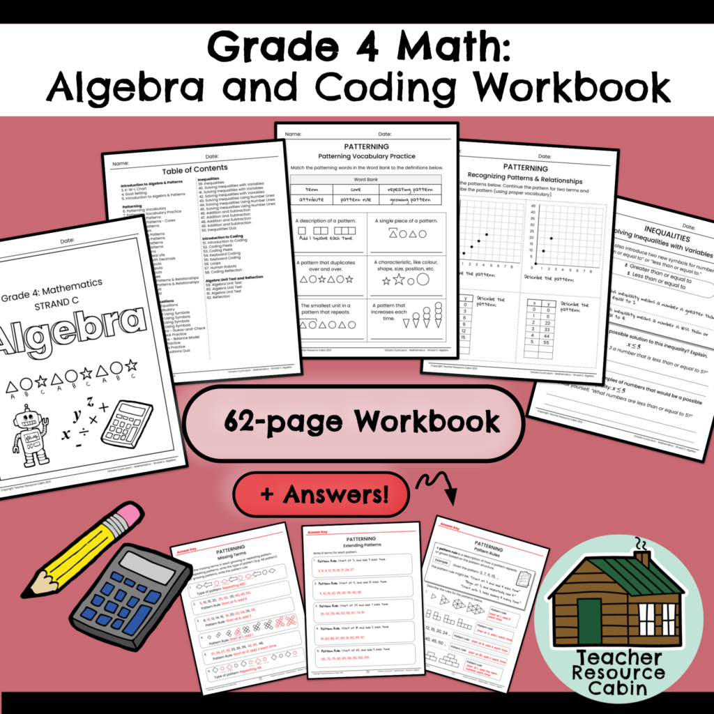 Grade 4 Algebra and Coding Workbook (Ontario Math) - Teacher Resource Cabin