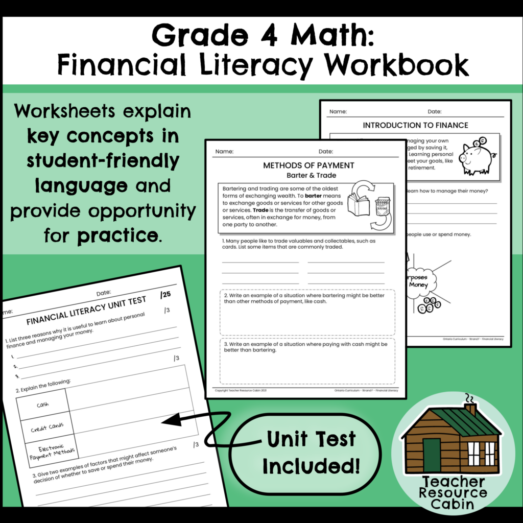 Grade 4 Financial Literacy Workbook (Ontario Math) - Teacher Resource Cabin