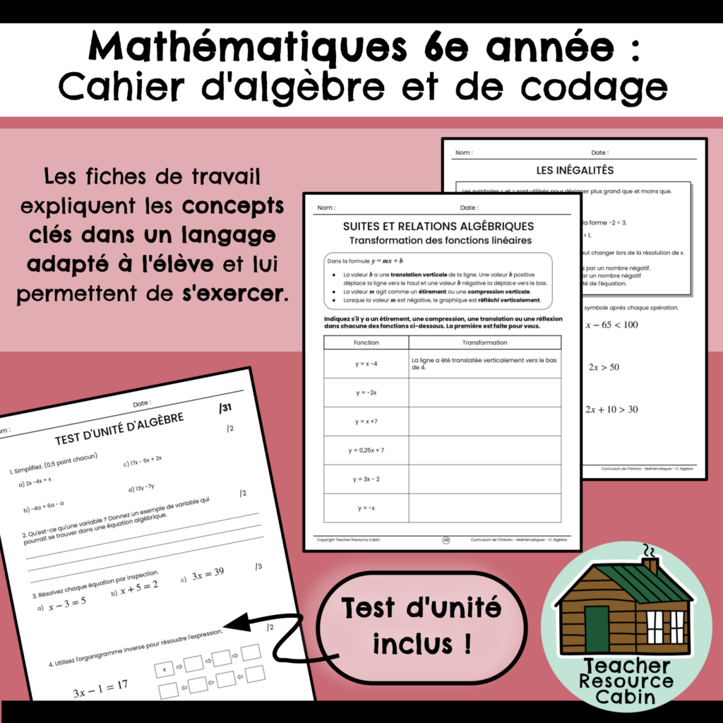 Grade 6 Algèbre et codage cahier (Ontario FRENCH Math Workbook ...