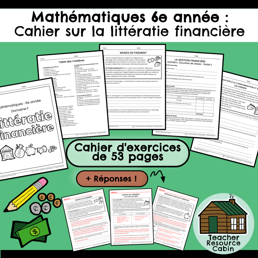 Grade 6 Littératie financière cahier (Ontario FRENCH Math Workbook ...