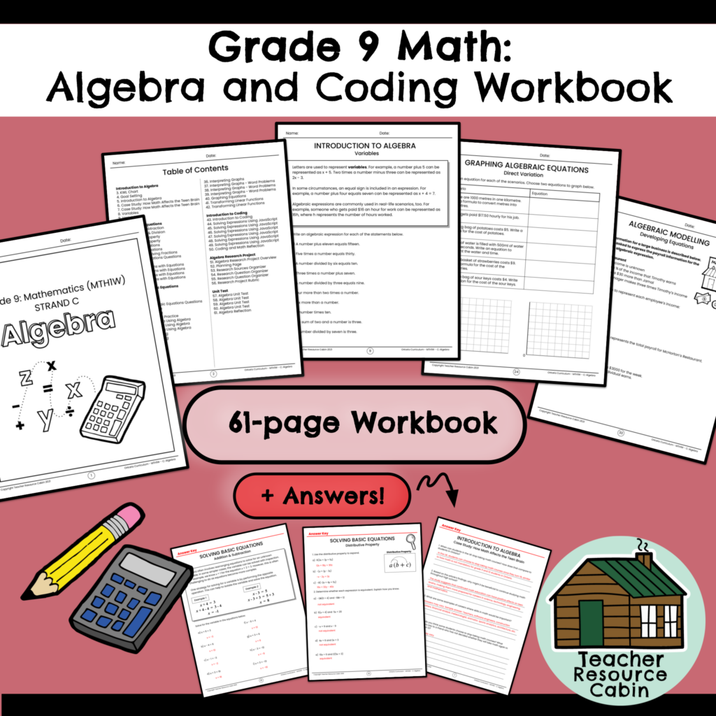 Grade 9 MTH1W Algebra and Coding Workbook (Ontario Math) - Teacher ...
