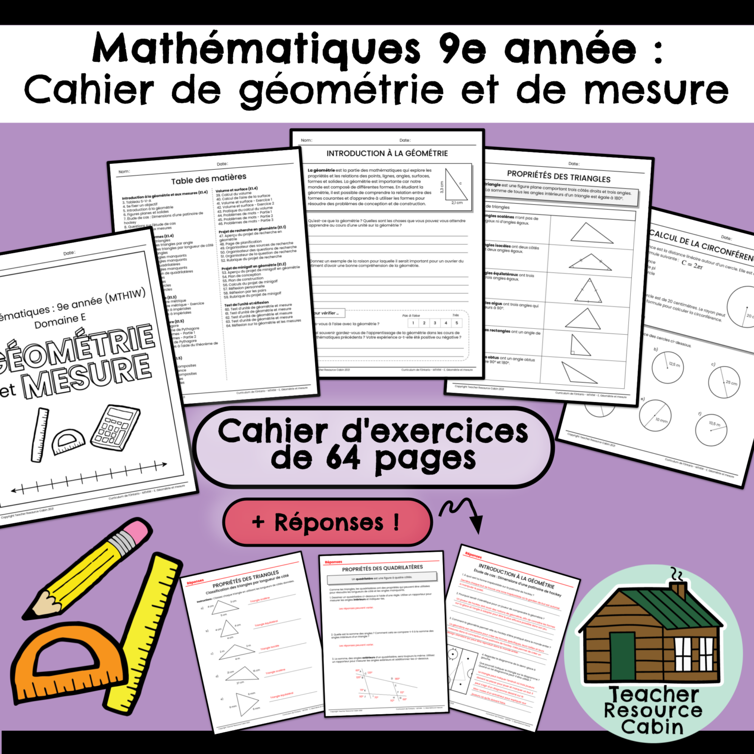 Grade 9 Géométrie et mesures cahier (Ontario FRENCH Math MTH1W ...