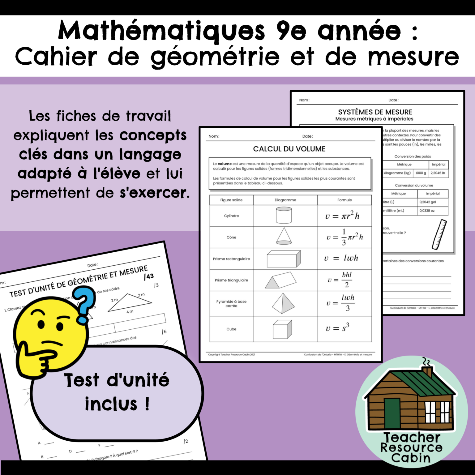 Grade 9 Géométrie et mesures cahier (Ontario FRENCH Math MTH1W ...