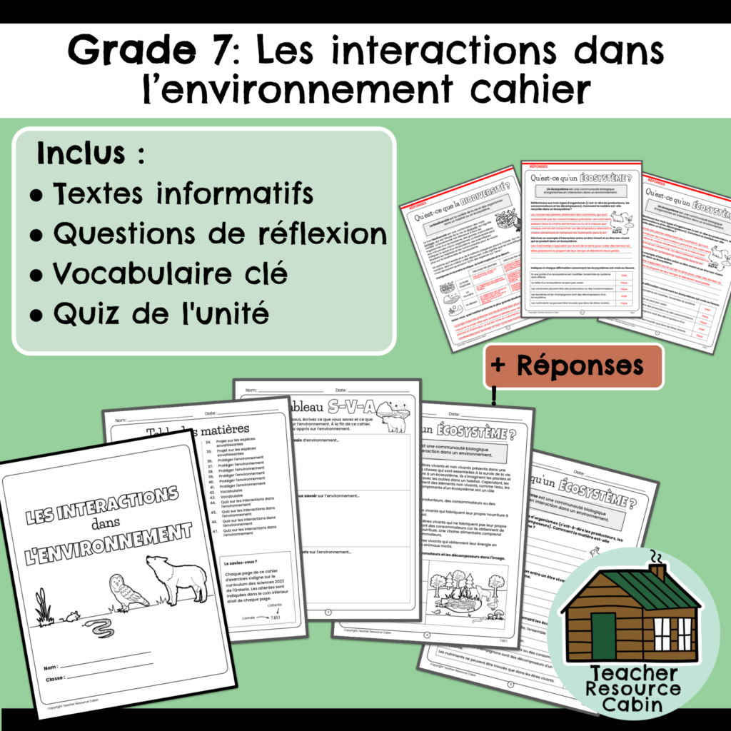 Les interactions dans l’environnement cahier (Grade 7 FRENCH Ontario ...