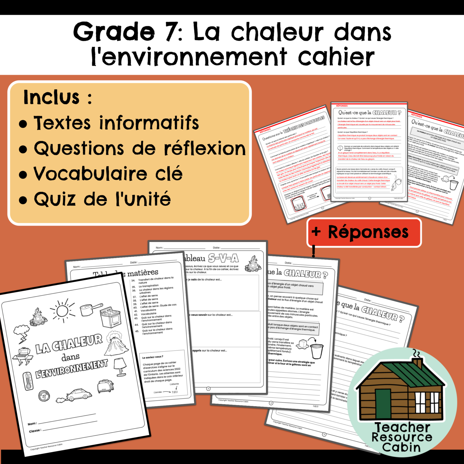 La chaleur dans l'environnement cahier (Grade 7 FRENCH Ontario Science ...