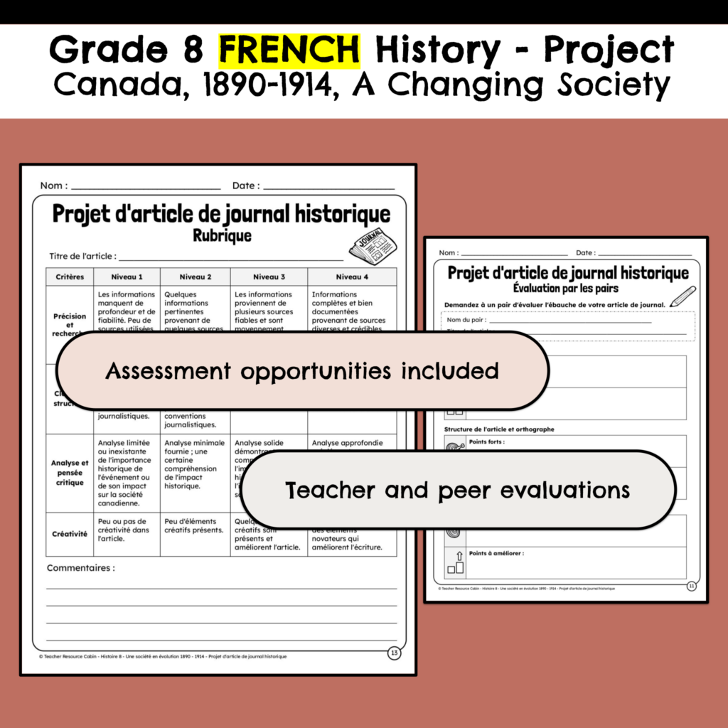 Projet d'article de journal historique (Grade 8 FRENCH History ...