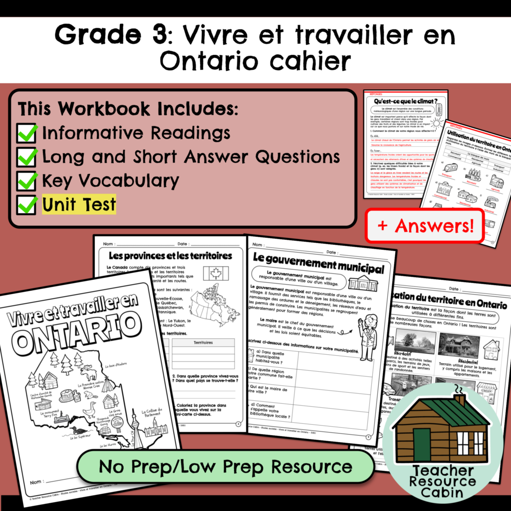 Vivre et travailler en Ontario cahier (Grade 3 FRENCH Social Studies ...
