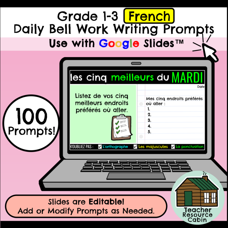 Daily Bell Work FRENCH Writing Prompts (Grades 1-3) - Teacher Resource ...