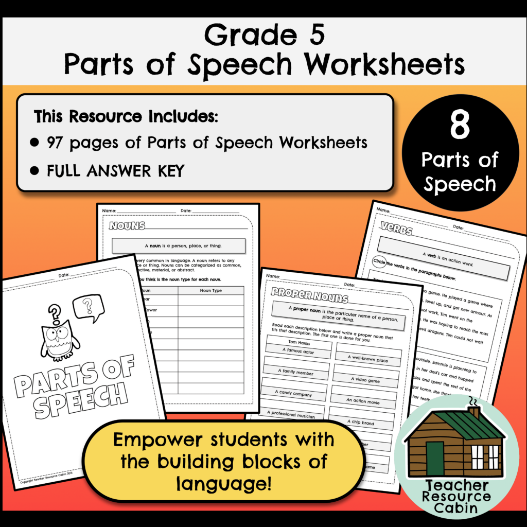Parts of Speech Worksheets (Grade 5) - Teacher Resource Cabin