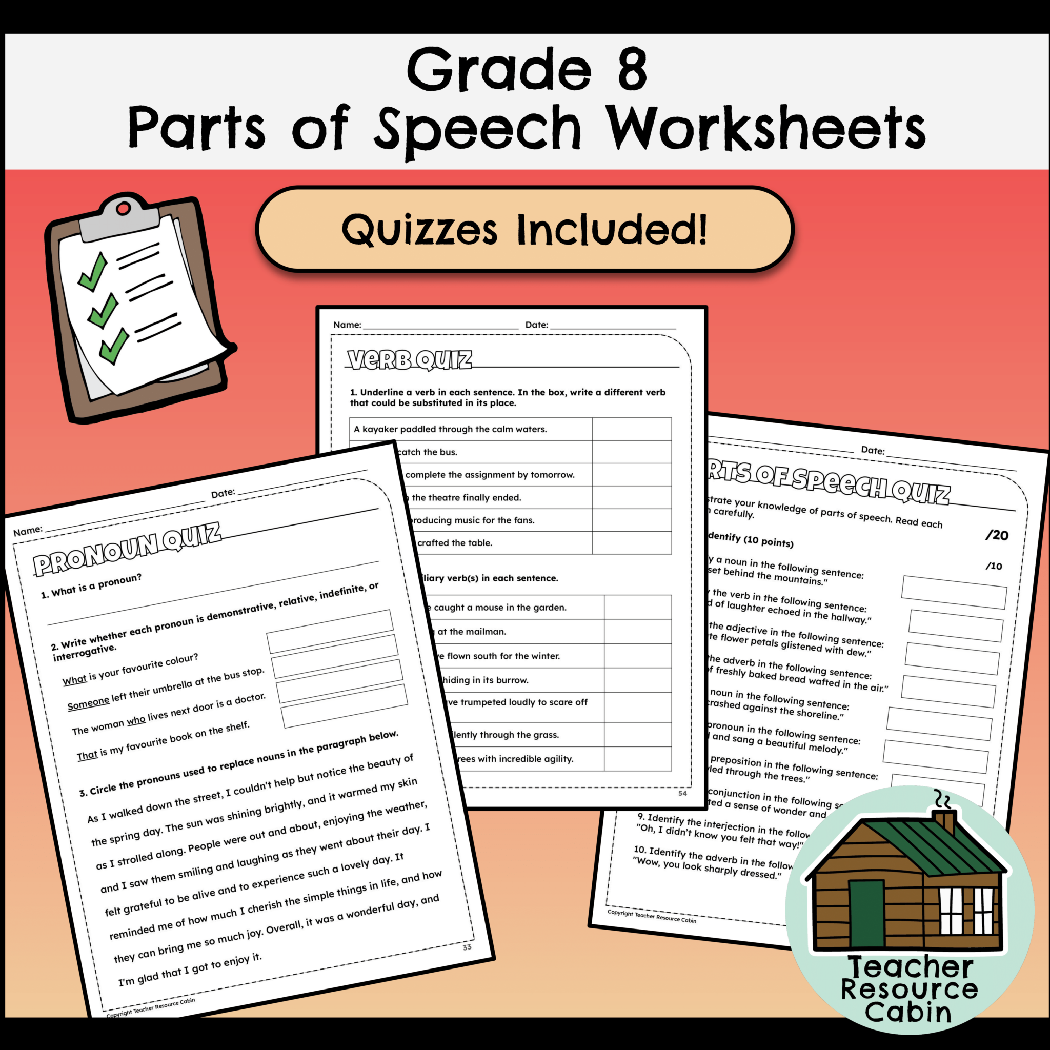 Parts of Speech Worksheets (Grade 8) - Teacher Resource Cabin