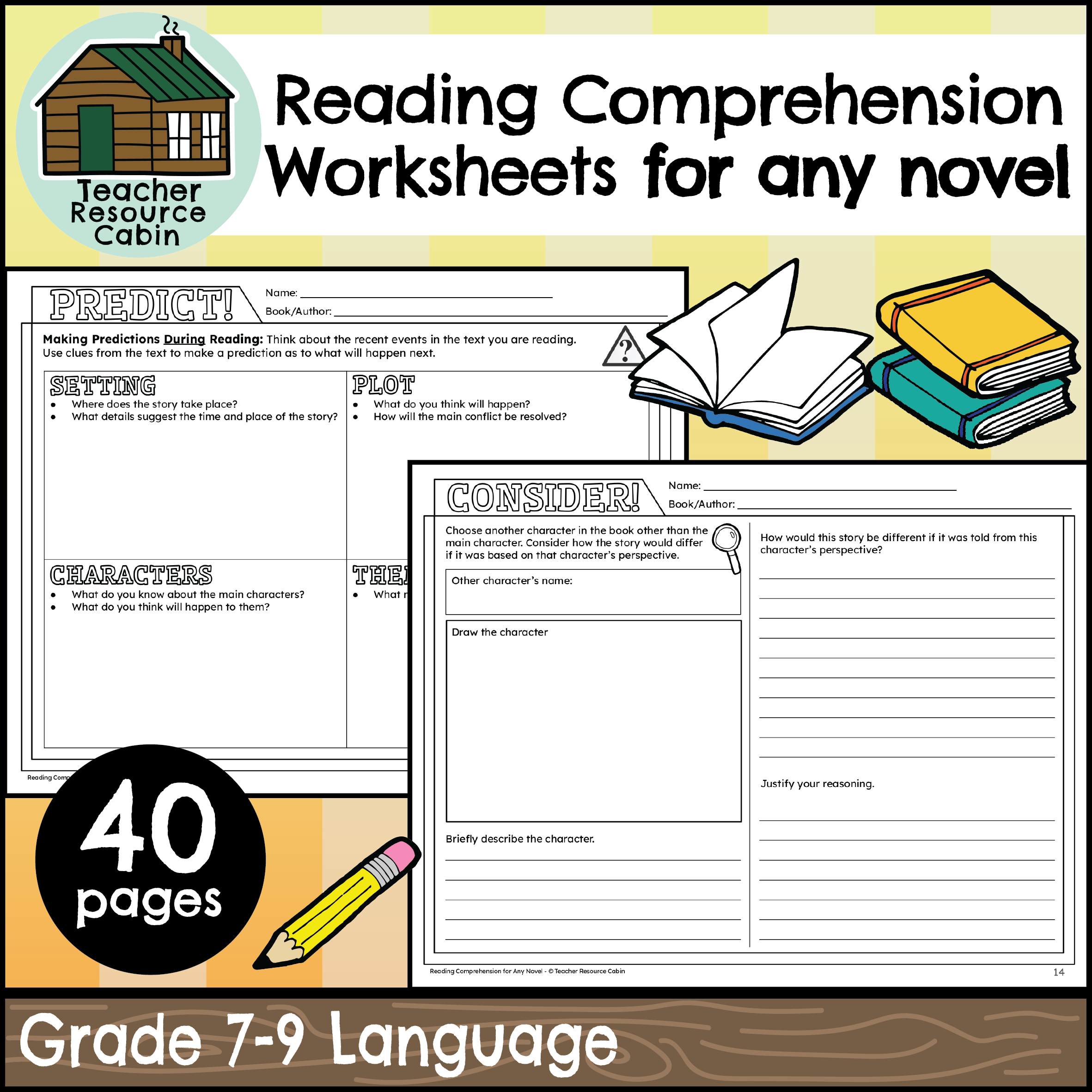 Reading Comprehension Worksheets for ANY Novel | NO PREP (Grade 7-9 ...