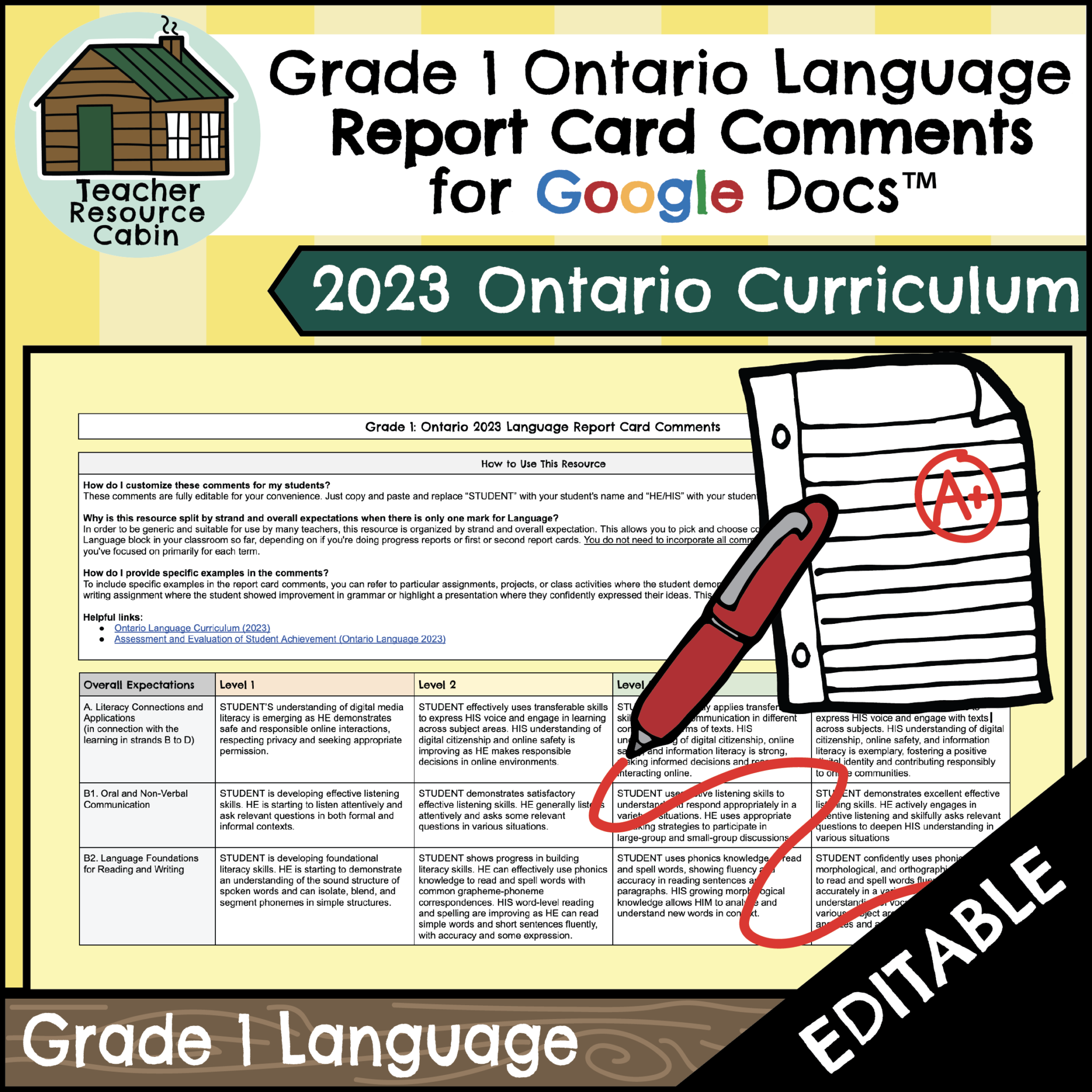 Grade 1 LANGUAGE Report Card Comments | 2023 Ontario (Use with Google ...
