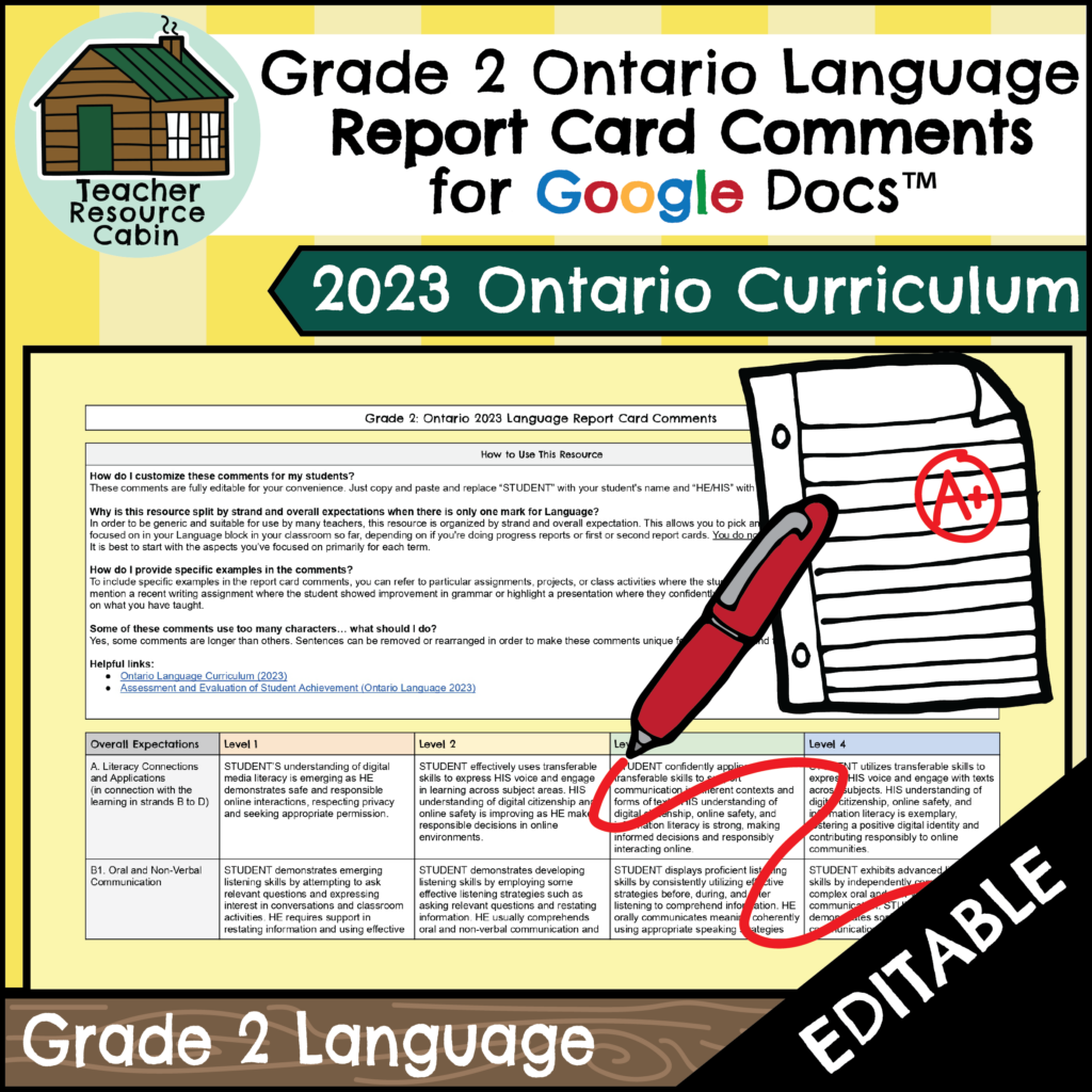 Grade 2 LANGUAGE Report Card Comments | 2023 Ontario (Use with Google ...