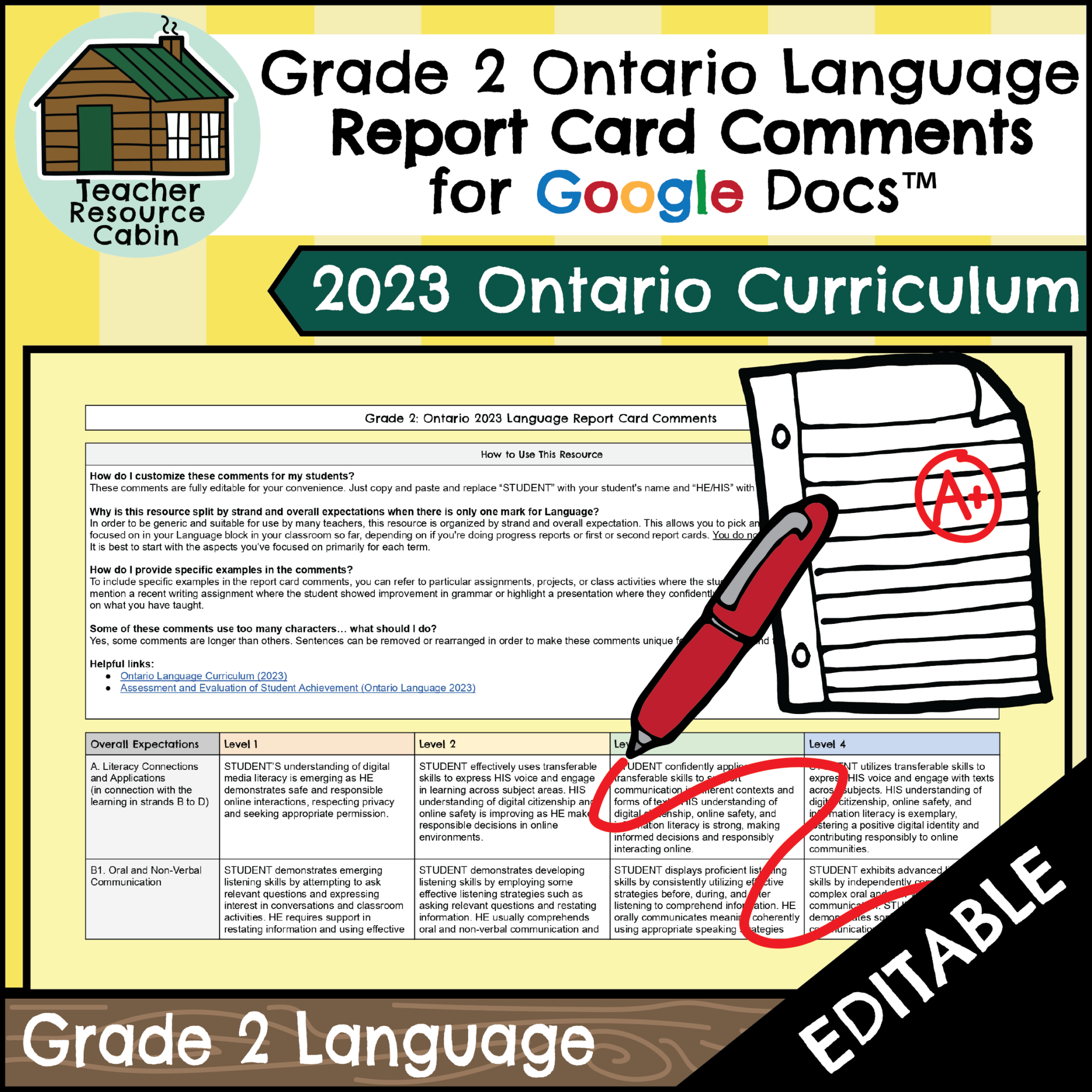 Grade 2 LANGUAGE Report Card Comments | 2023 Ontario (Use with Google ...