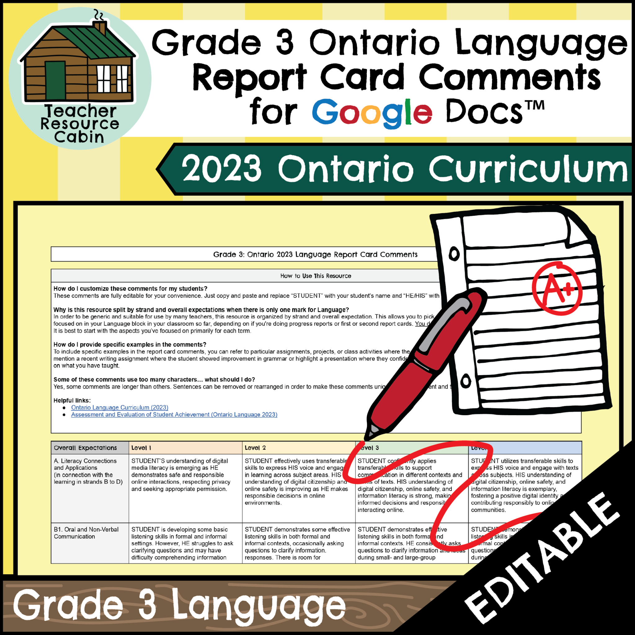 Grade 3 LANGUAGE Report Card Comments | 2023 Ontario (Use with Google ...