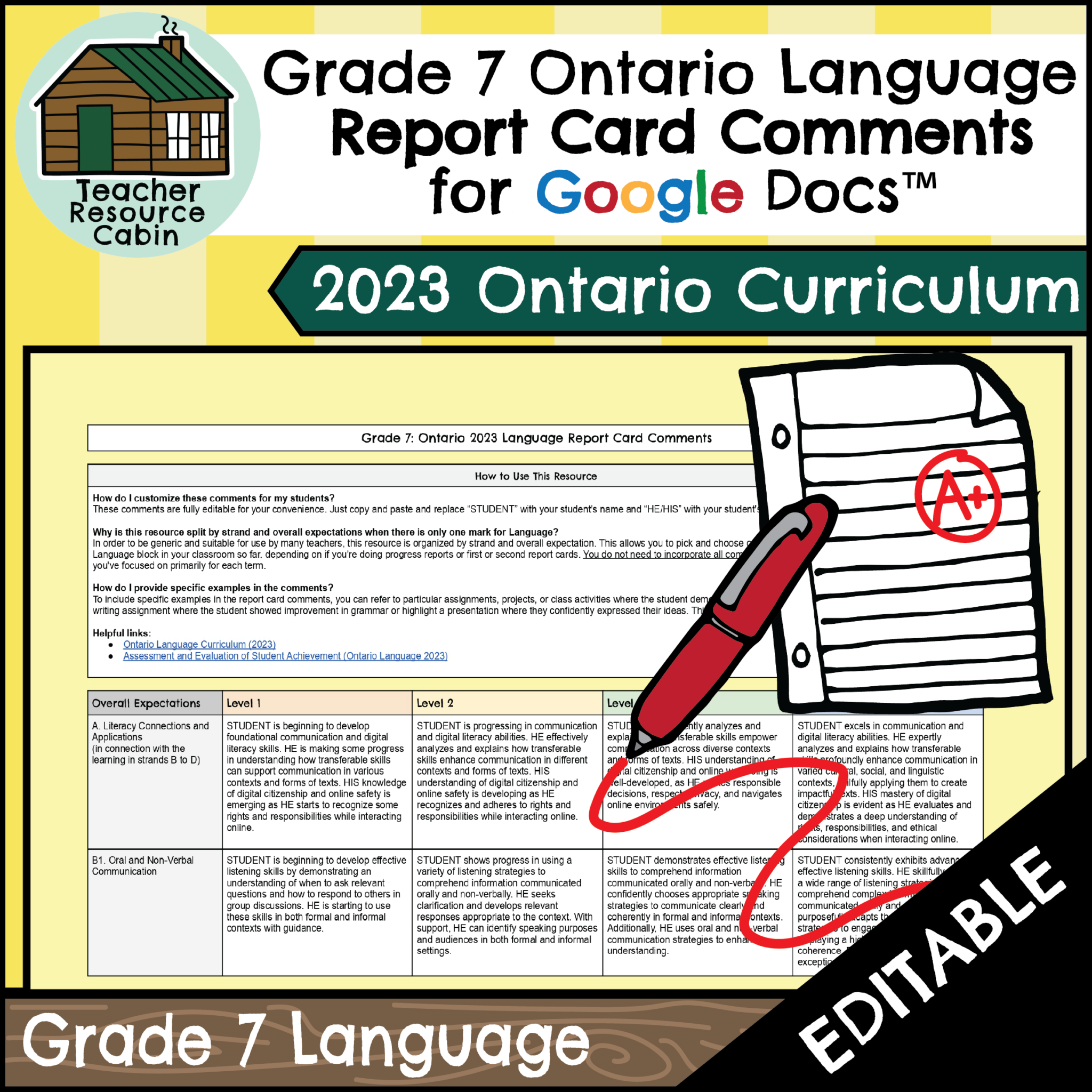 Grade 7 LANGUAGE Report Card Comments | 2023 Ontario (Use with Google ...