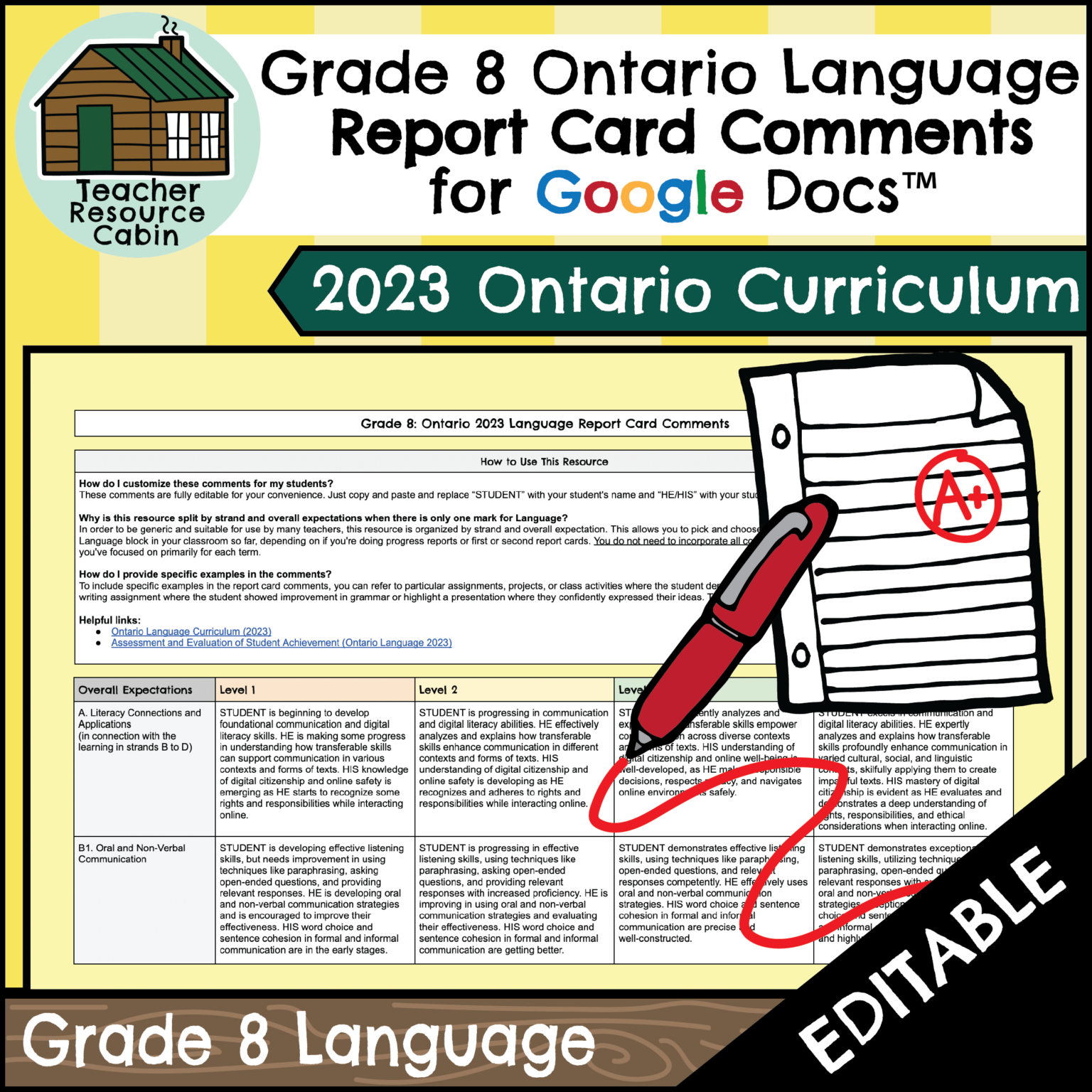 Grade 8 LANGUAGE Report Card Comments | 2023 Ontario (Use with Google ...