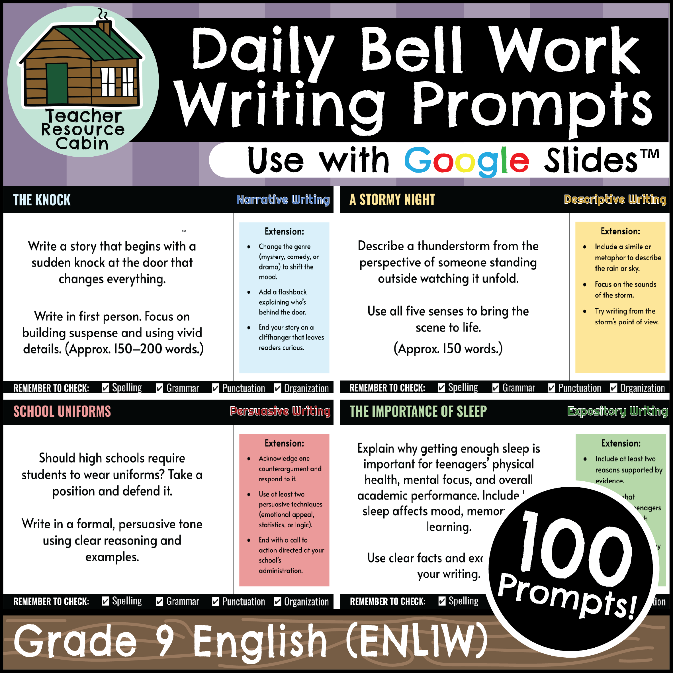 100 Daily Bell Work Writing Prompts (Grade 9 English ENL1W) - Teacher ...